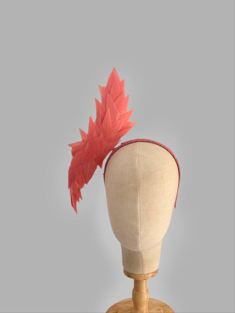 Feathered sculptural headpiece - coral – Sassy Millinery Onlinestore