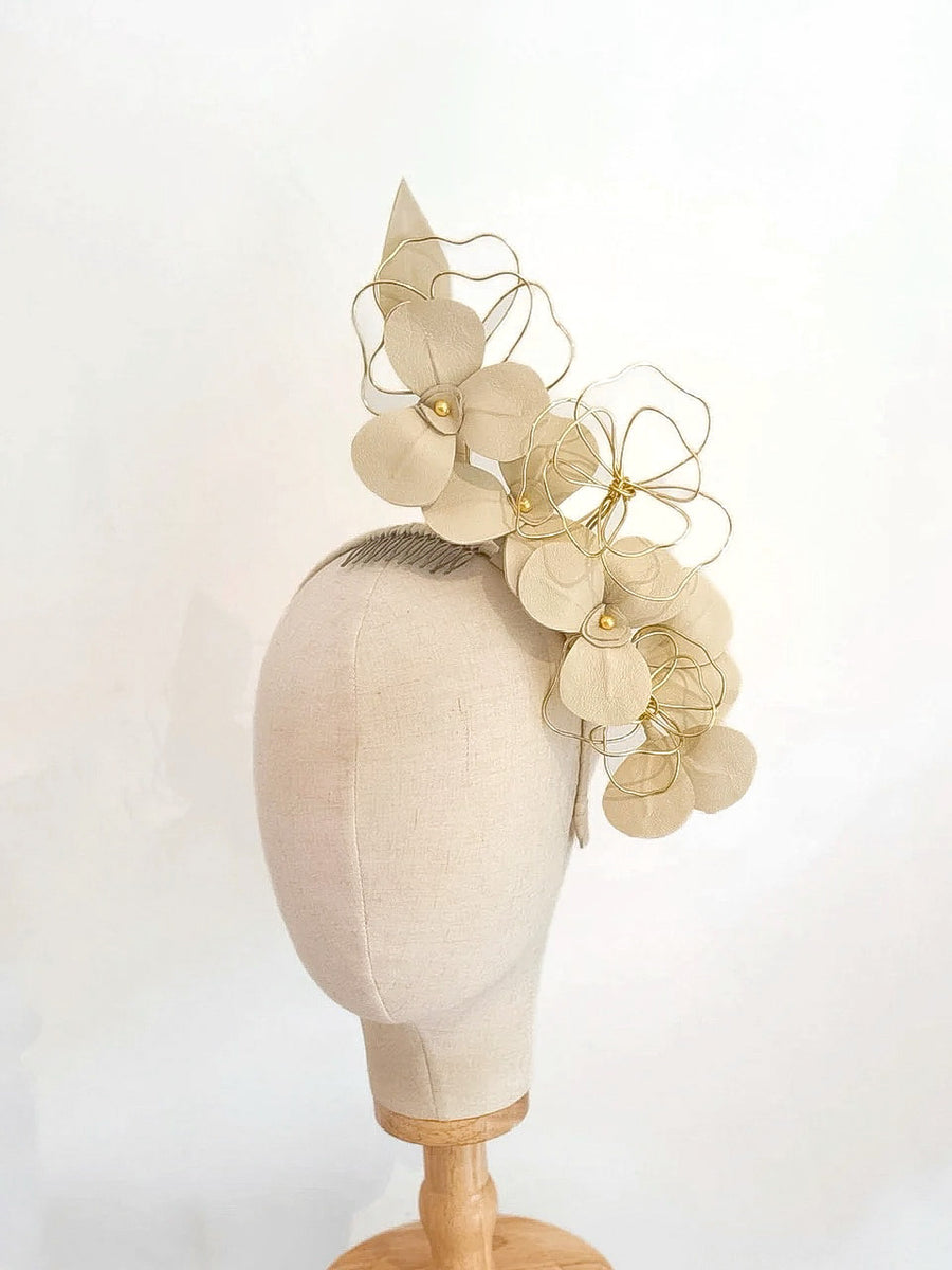 leather floral headpiece - deep cream and gold – Sassy Millinery ...